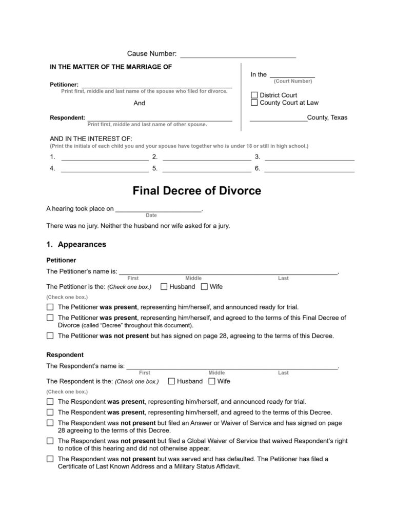 Final Decree of Divorce Texas - Download PDF Form