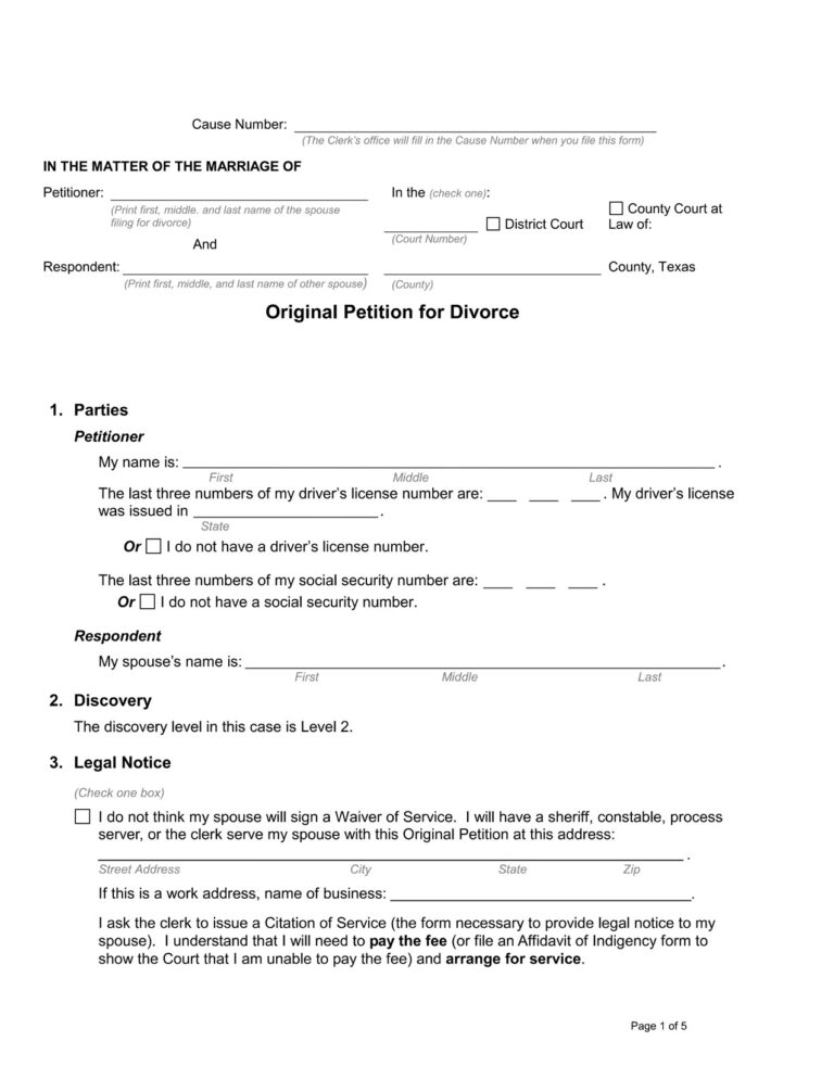 Original Petition for Divorce Texas - Download PDF Form